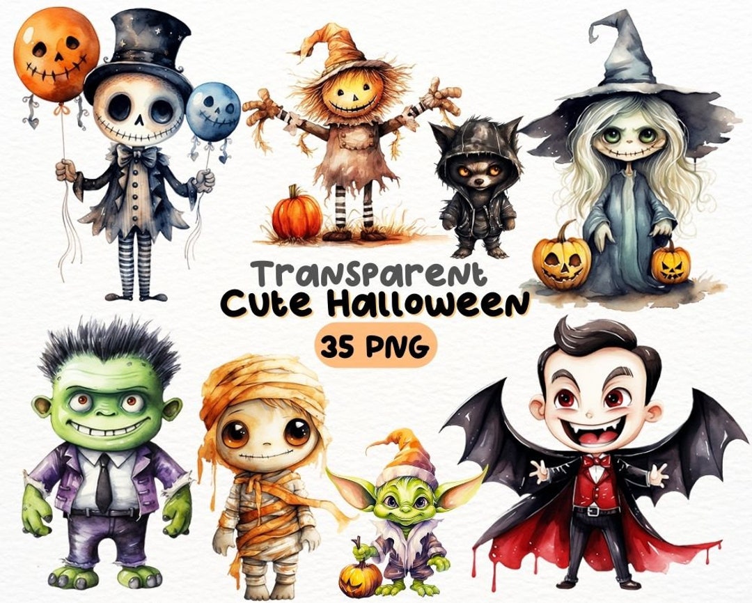 Watercolor Cute Little Halloween Monsters PNG Bundle, Digital Crafts ...