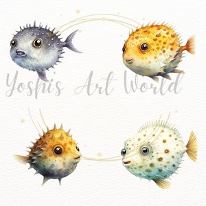 Watercolor Cute Pufferfish PNG Bundle, Digital Crafts Designs ...