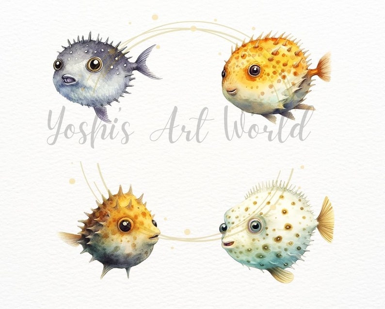 Watercolor Cute Pufferfish PNG Bundle, Digital Crafts Designs ...