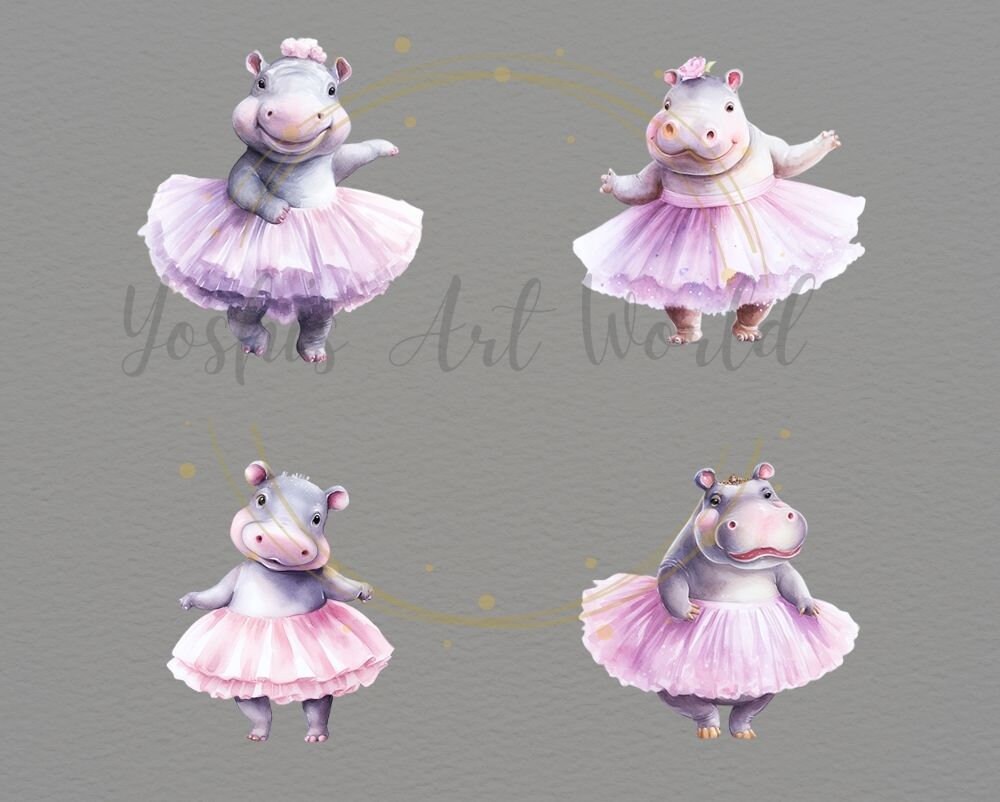 Watercolor Ballerina Hippo PNG Bundle, Digital Crafts Designs ...
