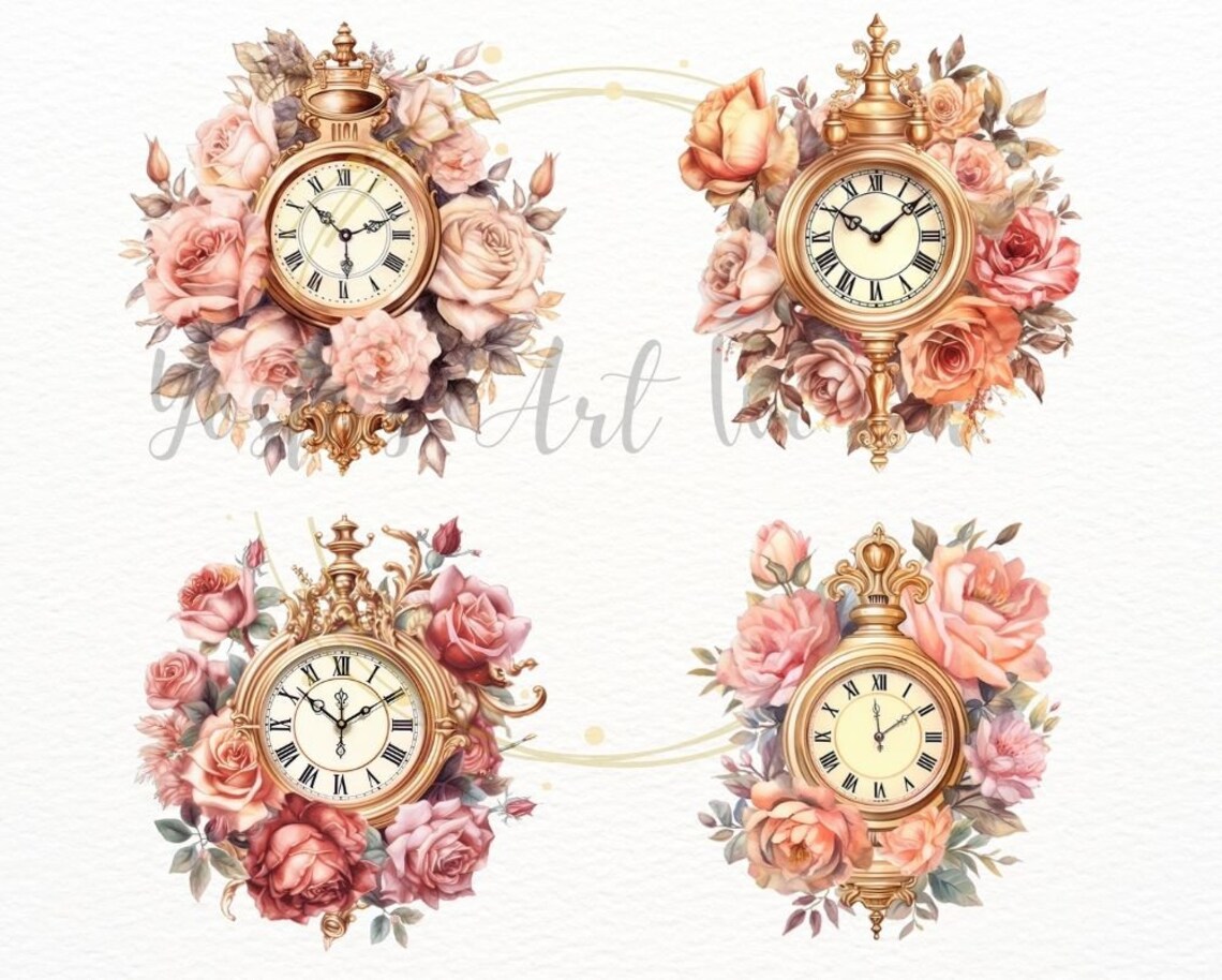 Watercolor Floral Vintage Clock PNG Bundle, Digital Crafts Designs ...