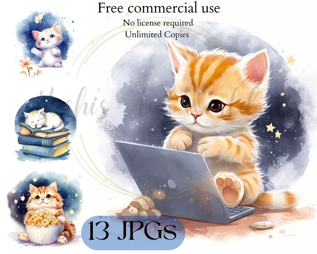 Watercolor Cute Kitty at Night - Cat - Card Making, Mixed Media ...