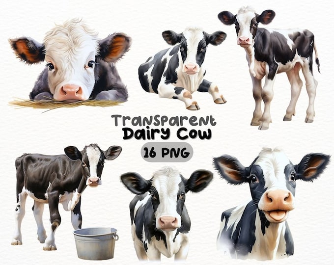 Watercolor Dairy Cow PNG Bundle, Digital Crafts Designs Transparent ...
