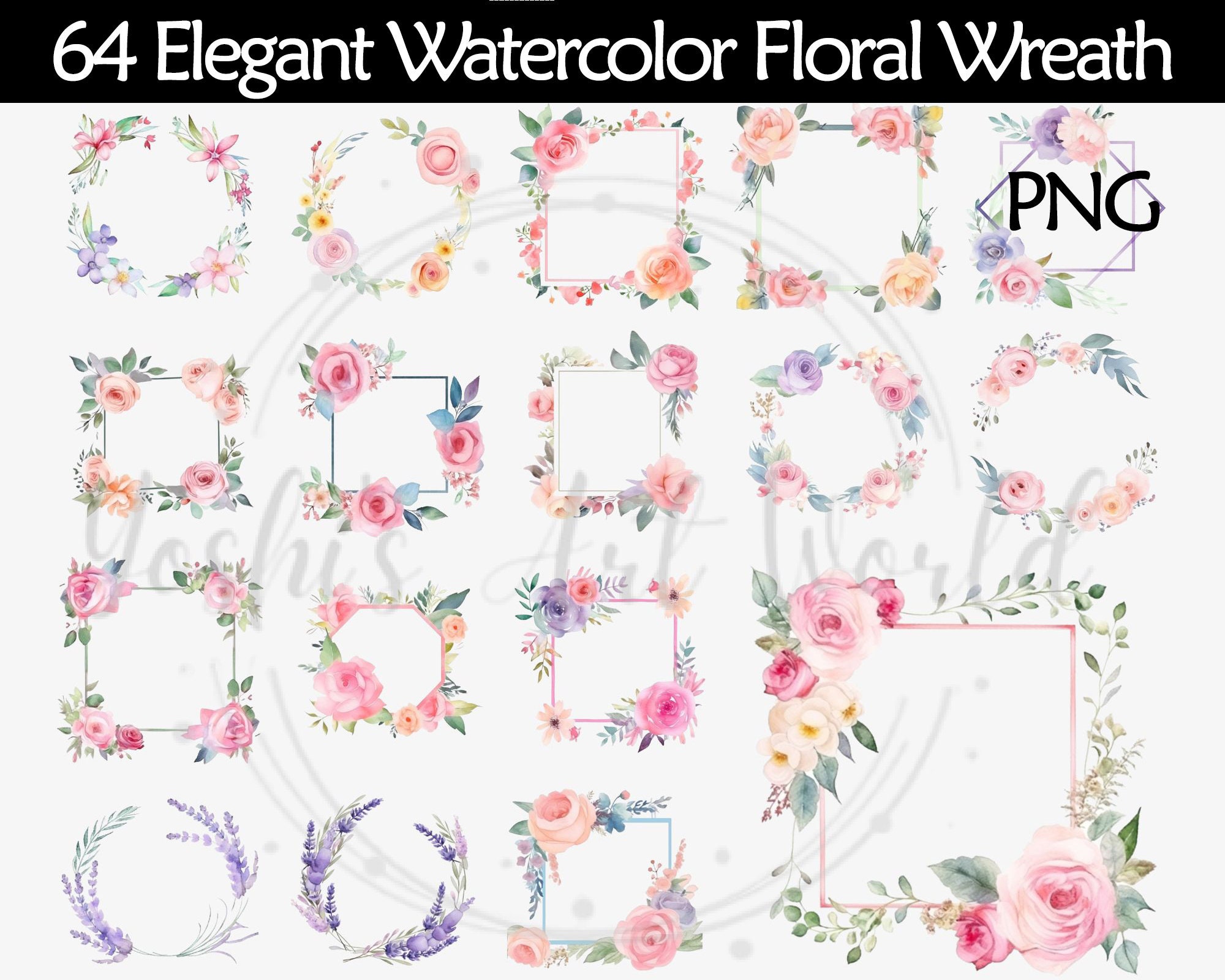 64 Elegant Watercolor Floral Wreath Frame PNG Bundle for Digital Crafts ...