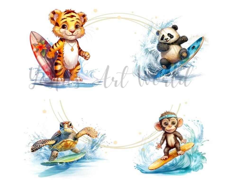 Surfing Animals Clipart Monkey Hedgehog Kitty Card - Etsy UK