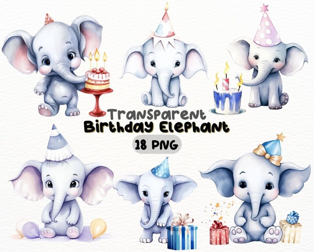 Watercolor Birthday Elephant PNG Bundle, Digital Crafts Designs ...