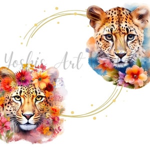 Leopard and Flower Clipart - Floral Leopard - Card Making, Mixed Media ...