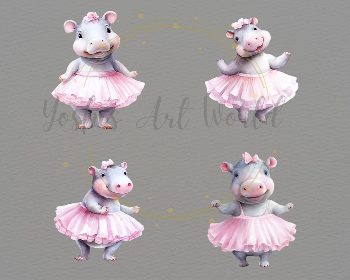 Watercolor Ballerina Hippo PNG Bundle, Digital Crafts Designs ...