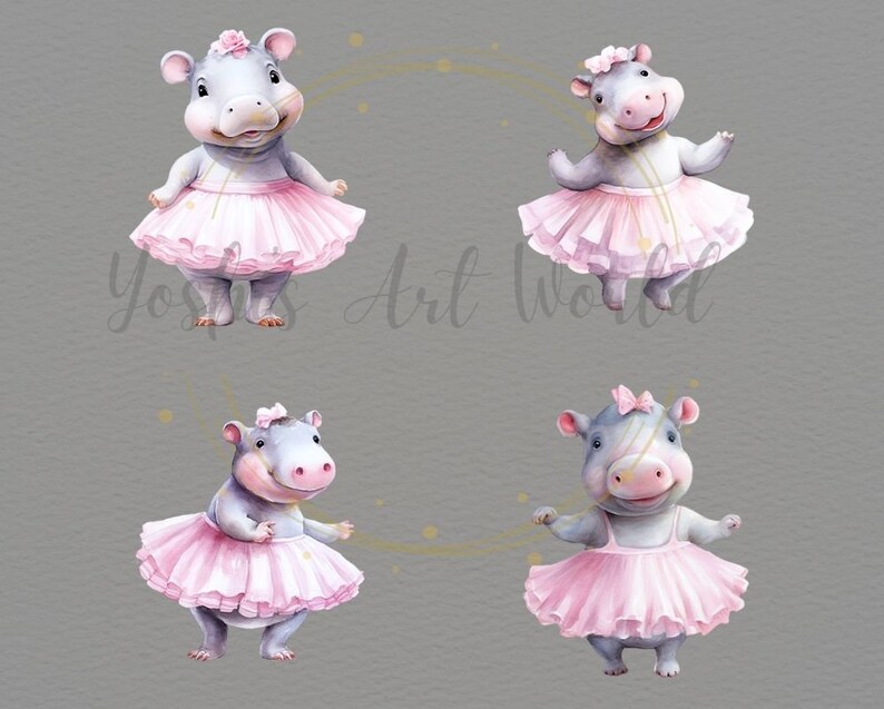 Watercolor Ballerina Hippo PNG Bundle Digital Crafts Designs - Etsy