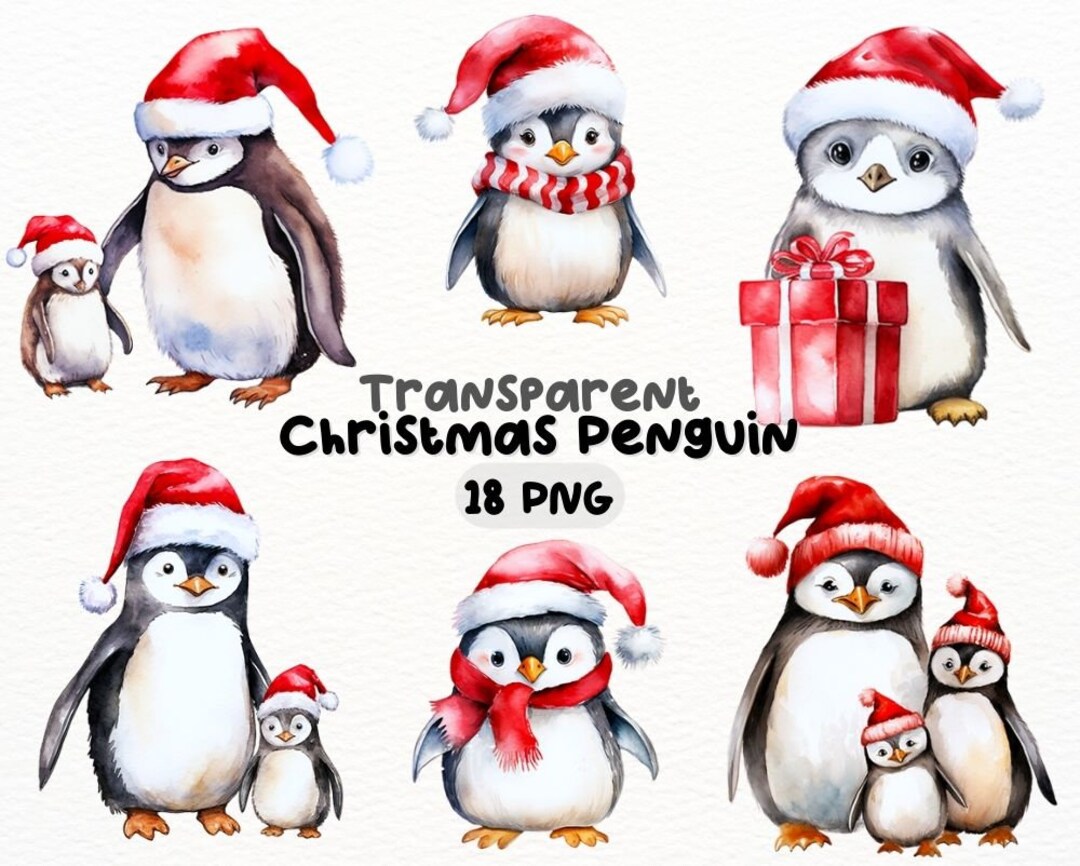 Watercolor Christmas Penguin PNG Bundle, Digital Crafts Designs ...