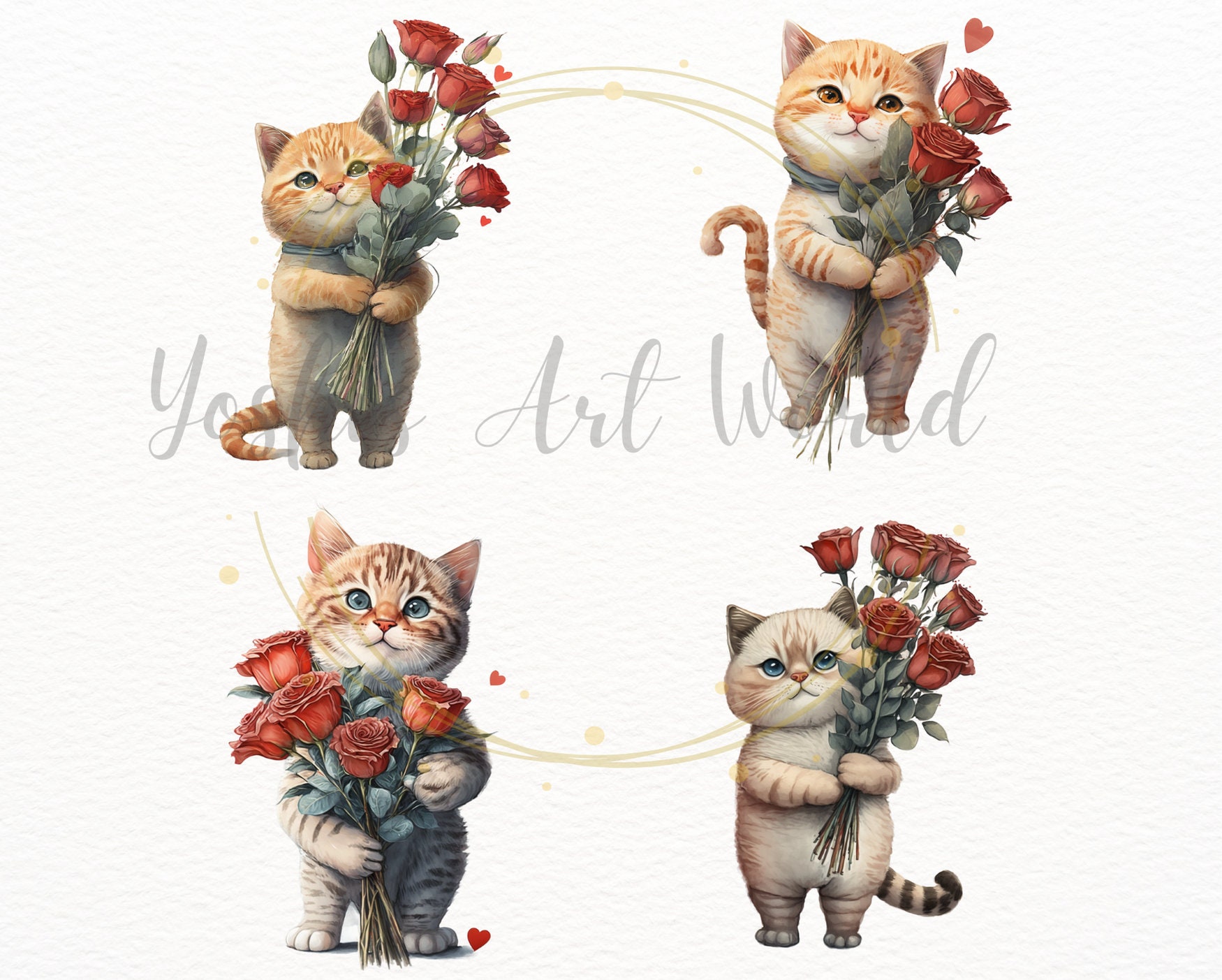 Watercolor Cat With Red Roses PNG Bundle Digital Crafts - Etsy
