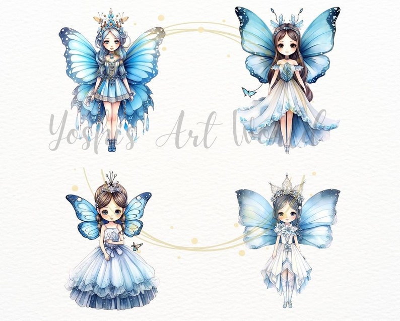 Watercolor Cute Blue Butterfly Fairy Princess PNG Bundle, Digital ...