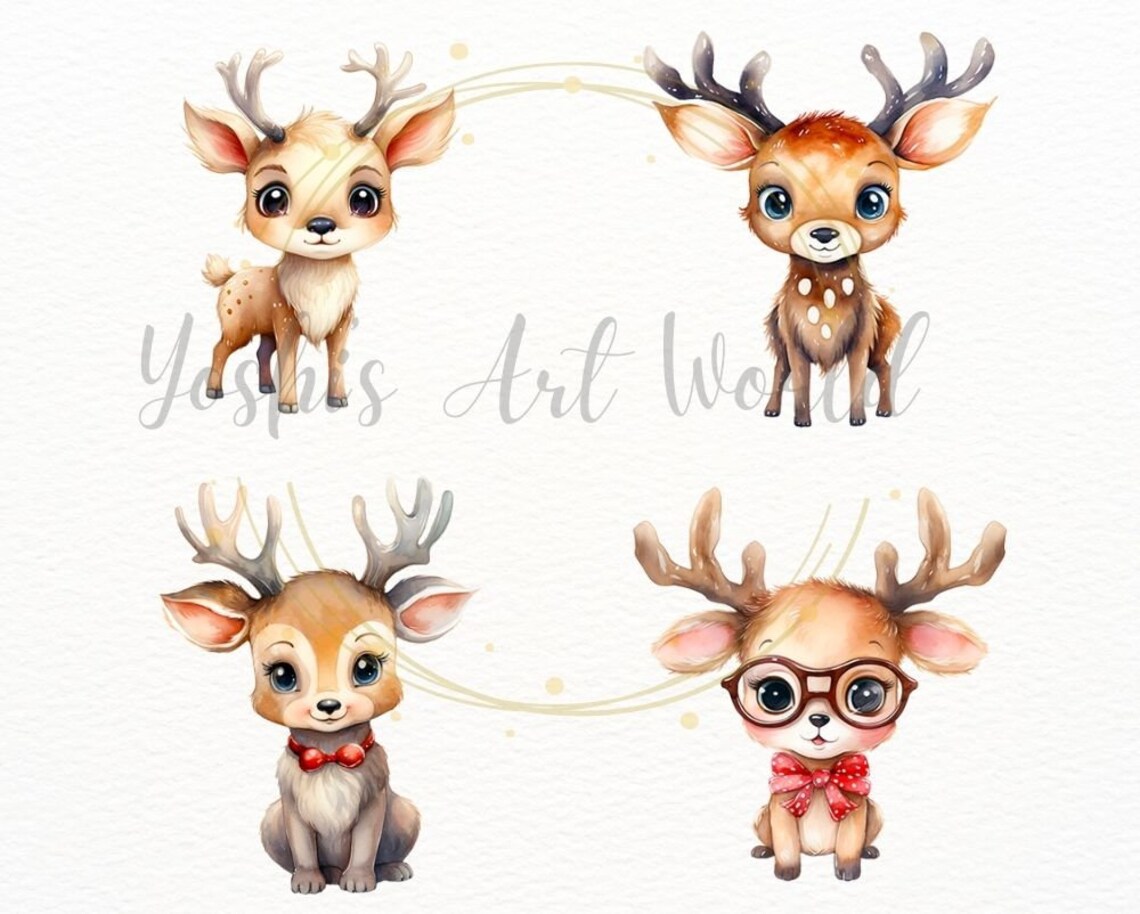 Watercolor Christmas Reindeer PNG Bundle, Digital Crafts Designs ...