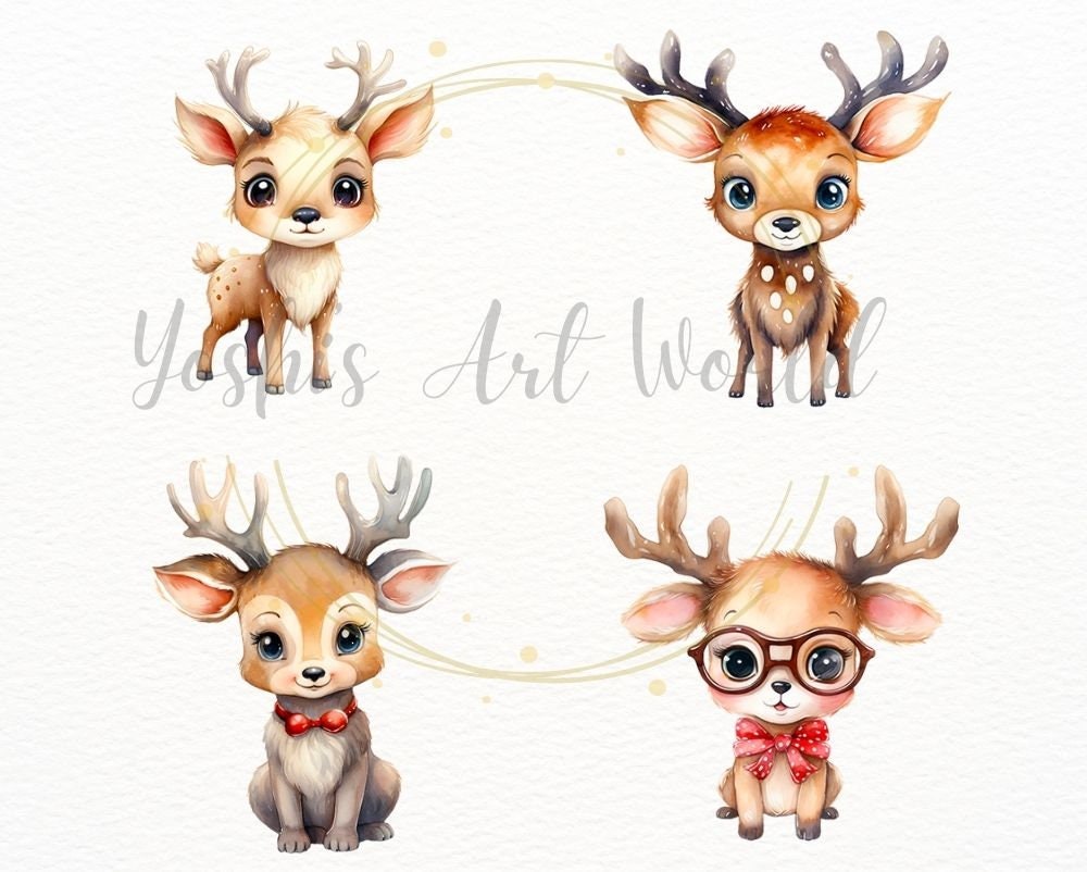 Watercolor Christmas Reindeer PNG Bundle, Digital Crafts Designs ...