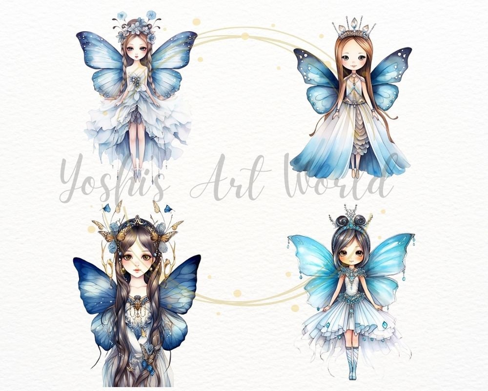 Watercolor Cute Blue Butterfly Fairy Princess PNG Bundle, Digital ...