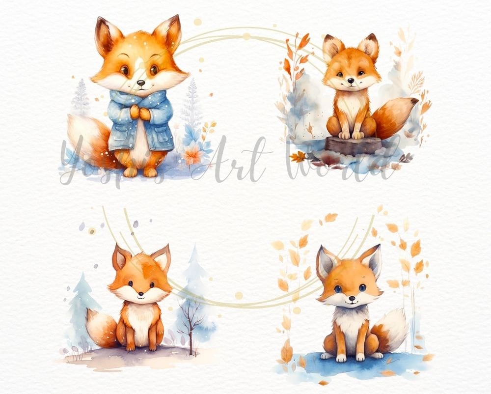 Watercolor Cute Woodland Fox PNG Bundle, Digital Crafts Designs ...