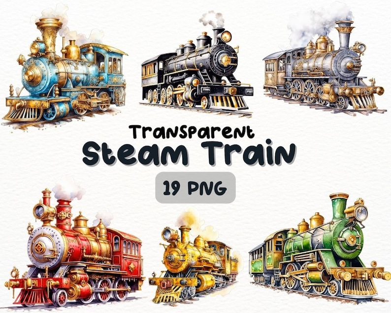 Watercolor Steam Train PNG Bundle, Digital Crafts Designs Transparent ...