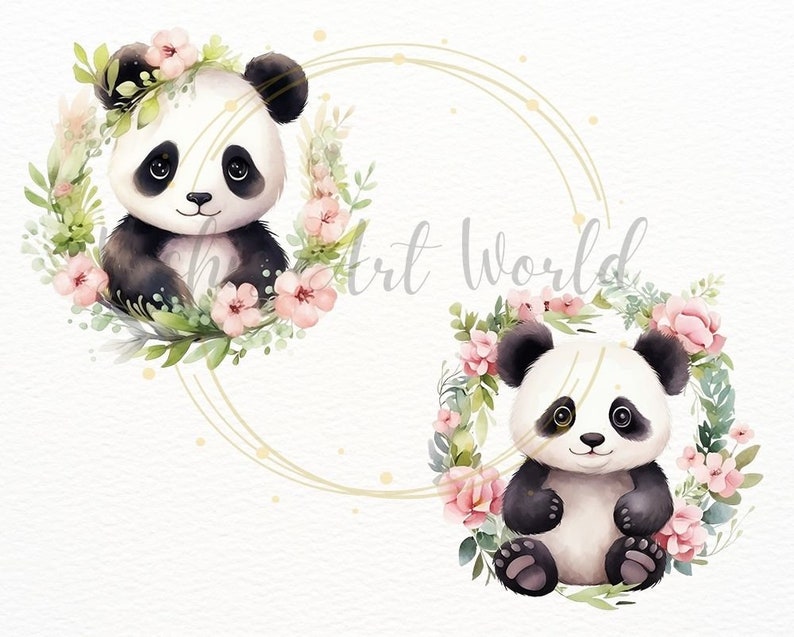 Watercolor Cute Panda and Flower Wreath PNG Bundle, Digital Crafts ...