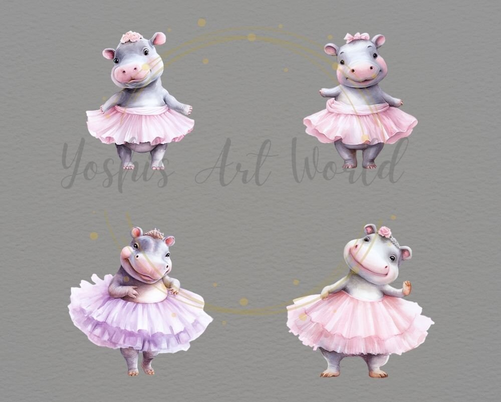 Watercolor Ballerina Hippo PNG Bundle Digital Crafts Designs - Etsy