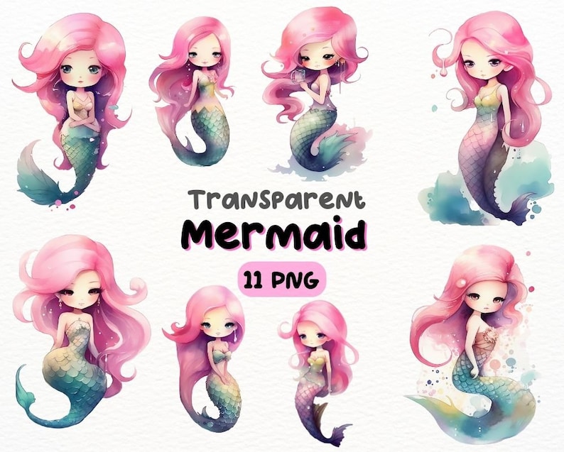 Watercolor Cute Mermaid PNG Bundle Digital Crafts Designs - Etsy
