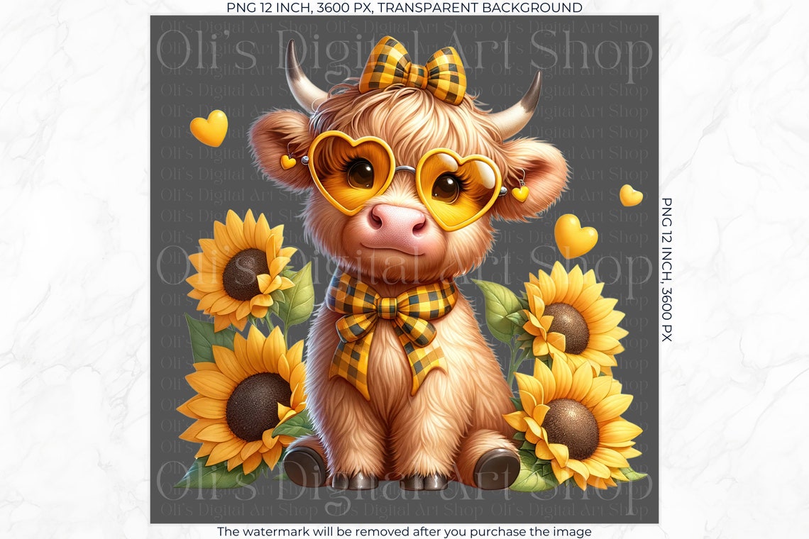 Highland Cow and Sunflowers Clipart Watercolor JPG & PNG Image Digital ...