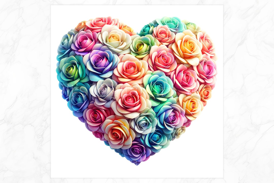 Rainbow Rose Heart Clipart Watercolor JPG & PNG Image Digital Download ...