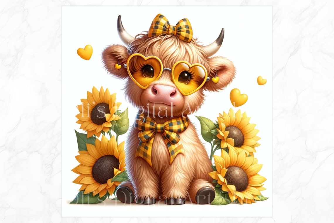 Highland Cow and Sunflowers Clipart Watercolor JPG & PNG Image Digital ...