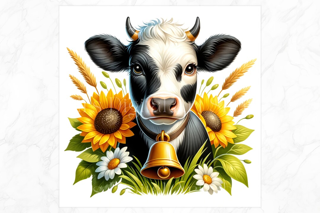 Cow With Sunflower Clipart Watercolor JPG & PNG Image Digital Download ...