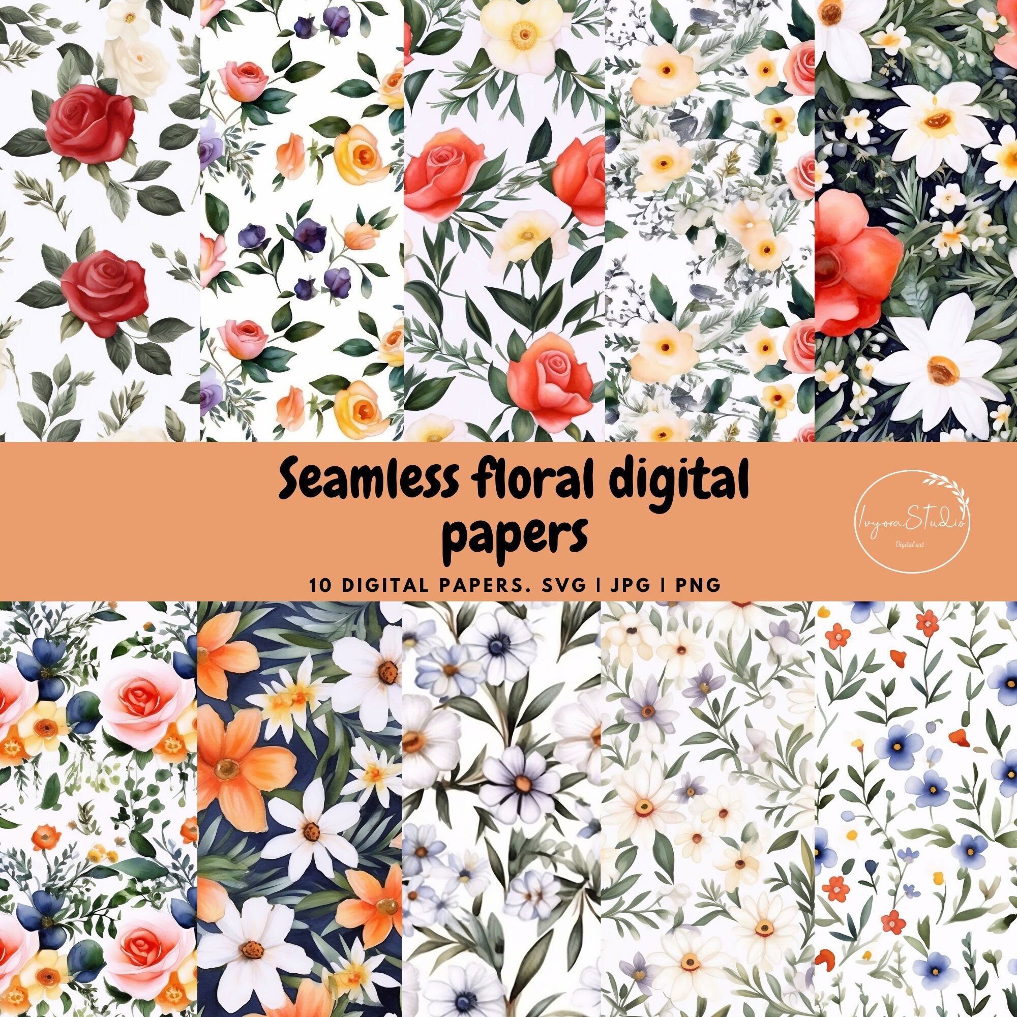 Watercolor Floral Patterns, Digital Papers, PNG, JPG, SVG, Seamless ...