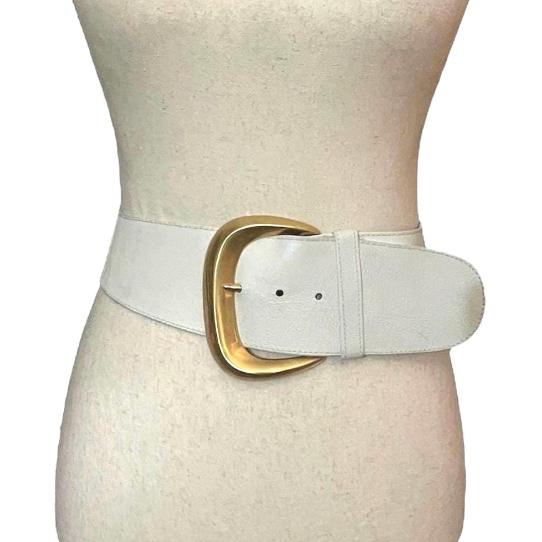 Donna Karan Vintage White Leather Belt With Oversized Gold Tone Buckle ...