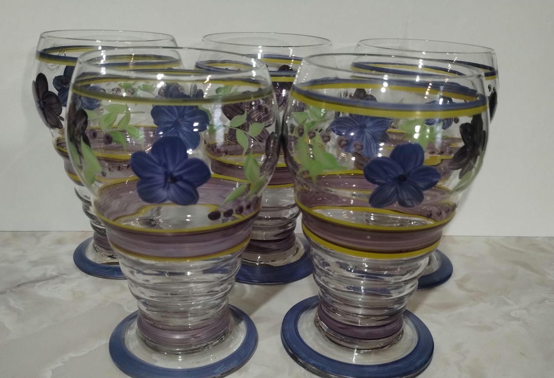 5 Gibson Bella Dinnerware Hand Painted Curved Goblets ~ Purple, Blue ...