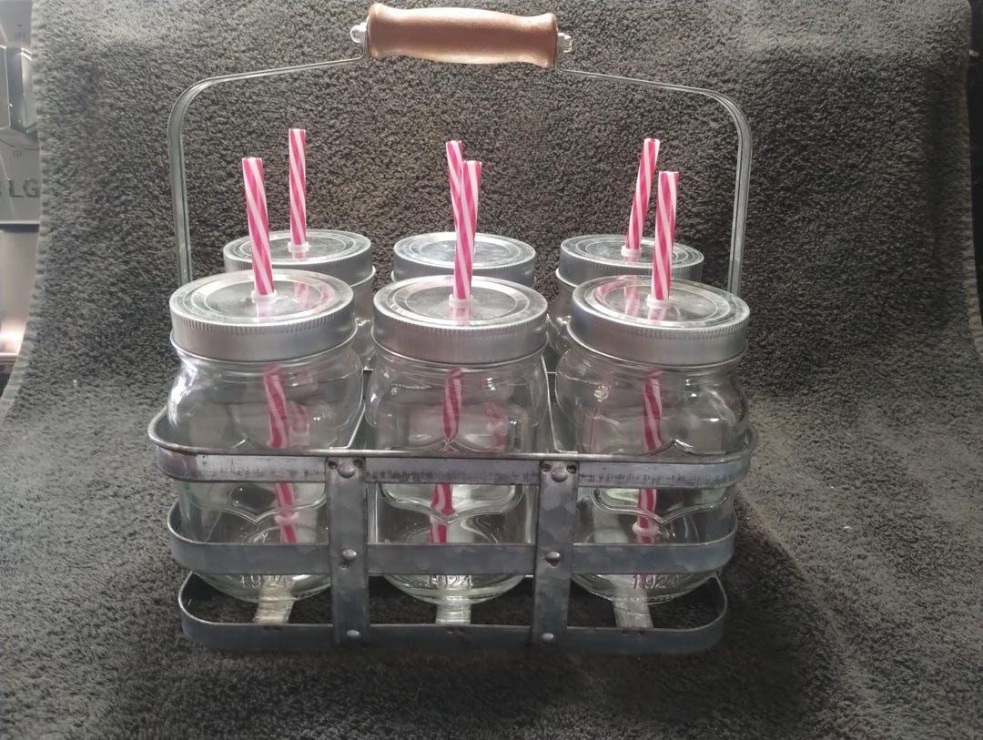 Farmhouse Six Clear Mason Jars With Straws and Lids, Galvanized Caddy ...