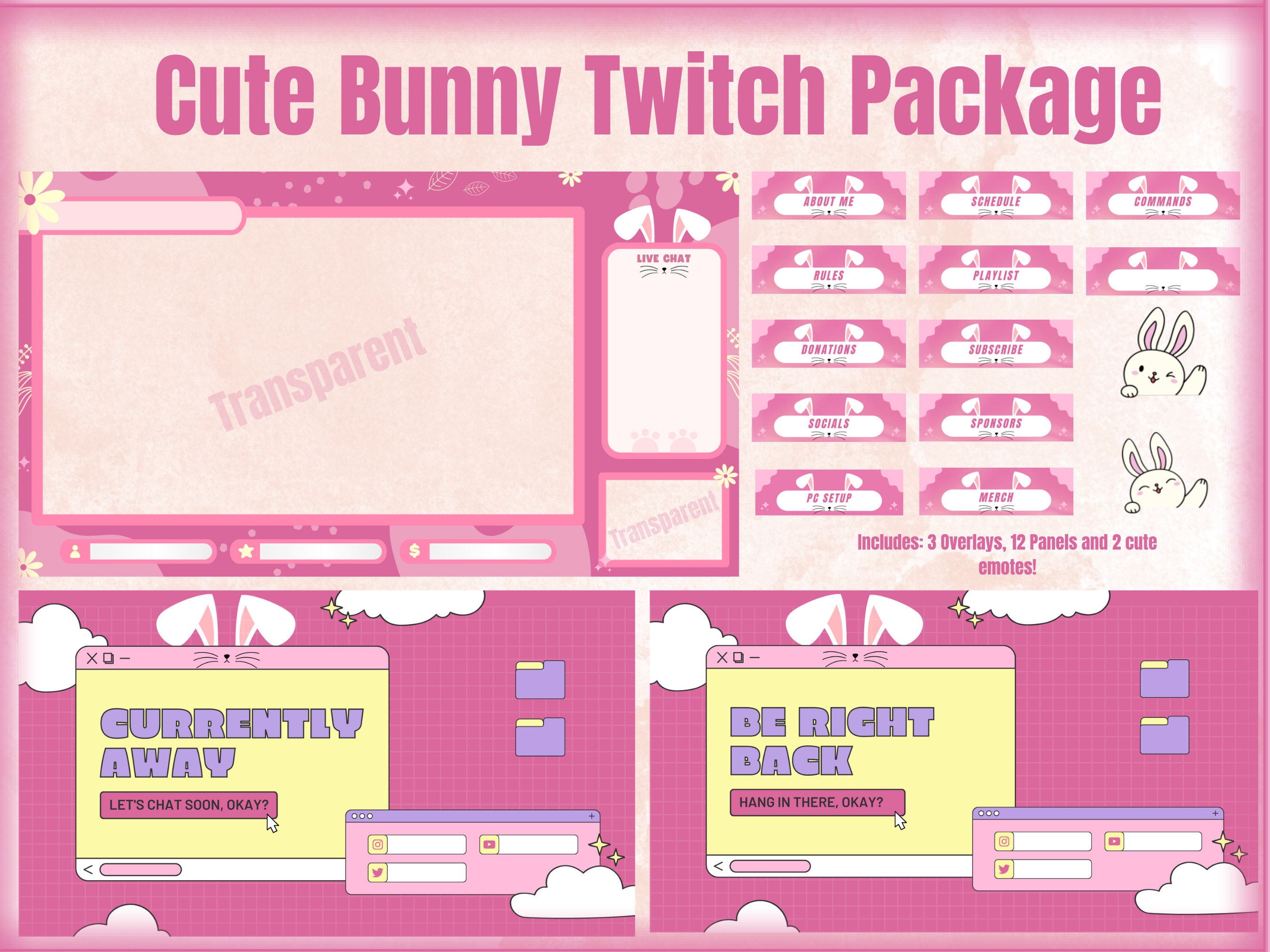 Cute Bunny Twitch Overlays With Panels and Emotes, Multipackage - Etsy