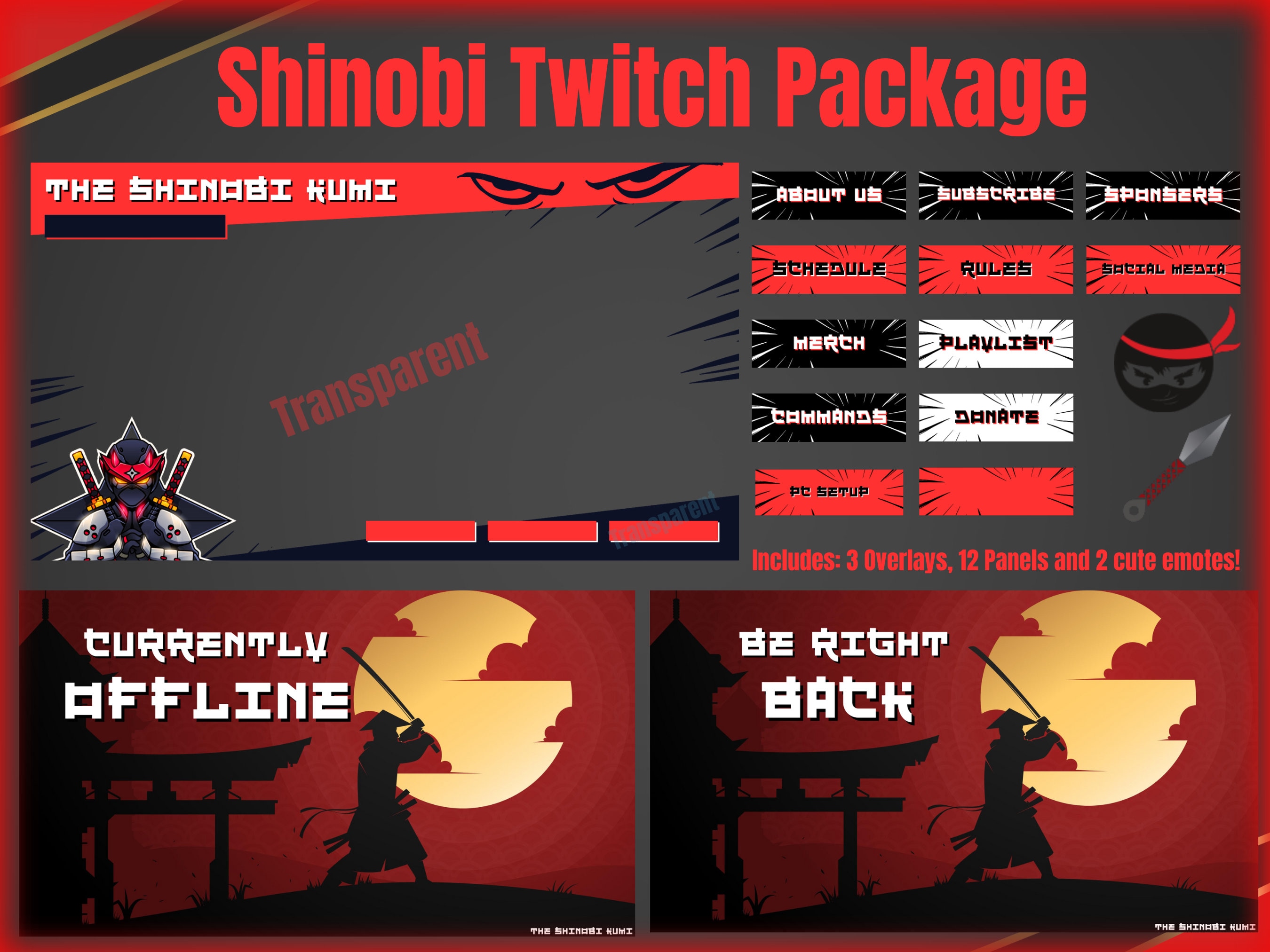 Shinobi Twitch Package, Overlays, Banners, Panels and Emotes, Twitch ...