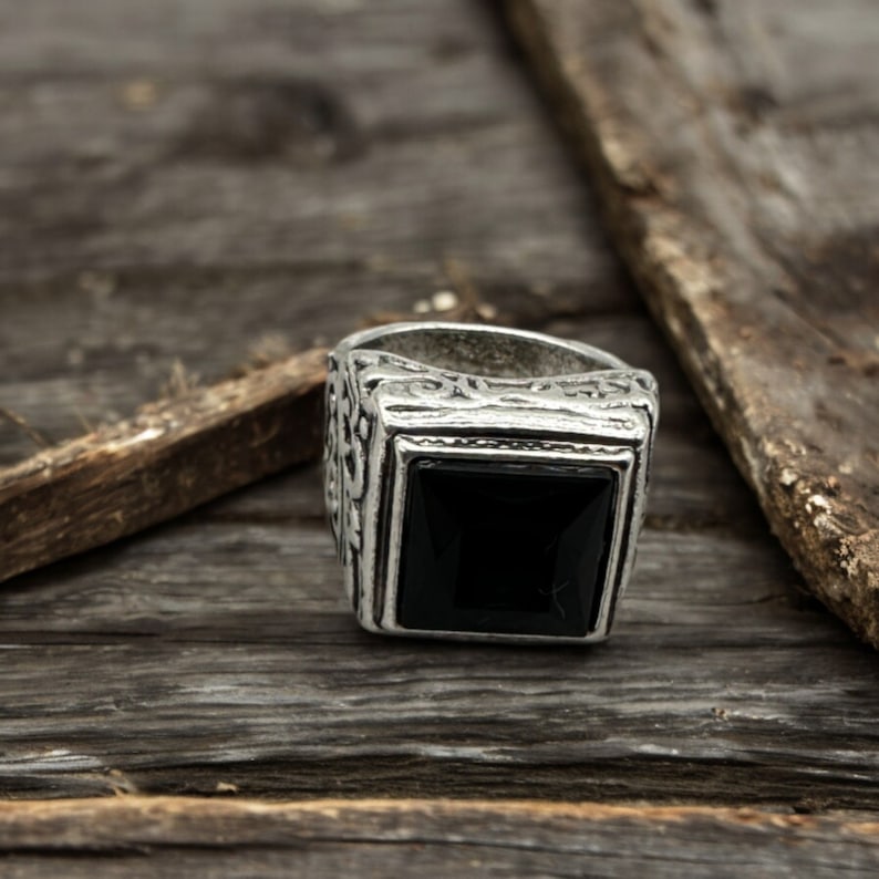 Black Onyx Signet Ring Men, Sterling Silver Mens Ring, Square Stone ...
