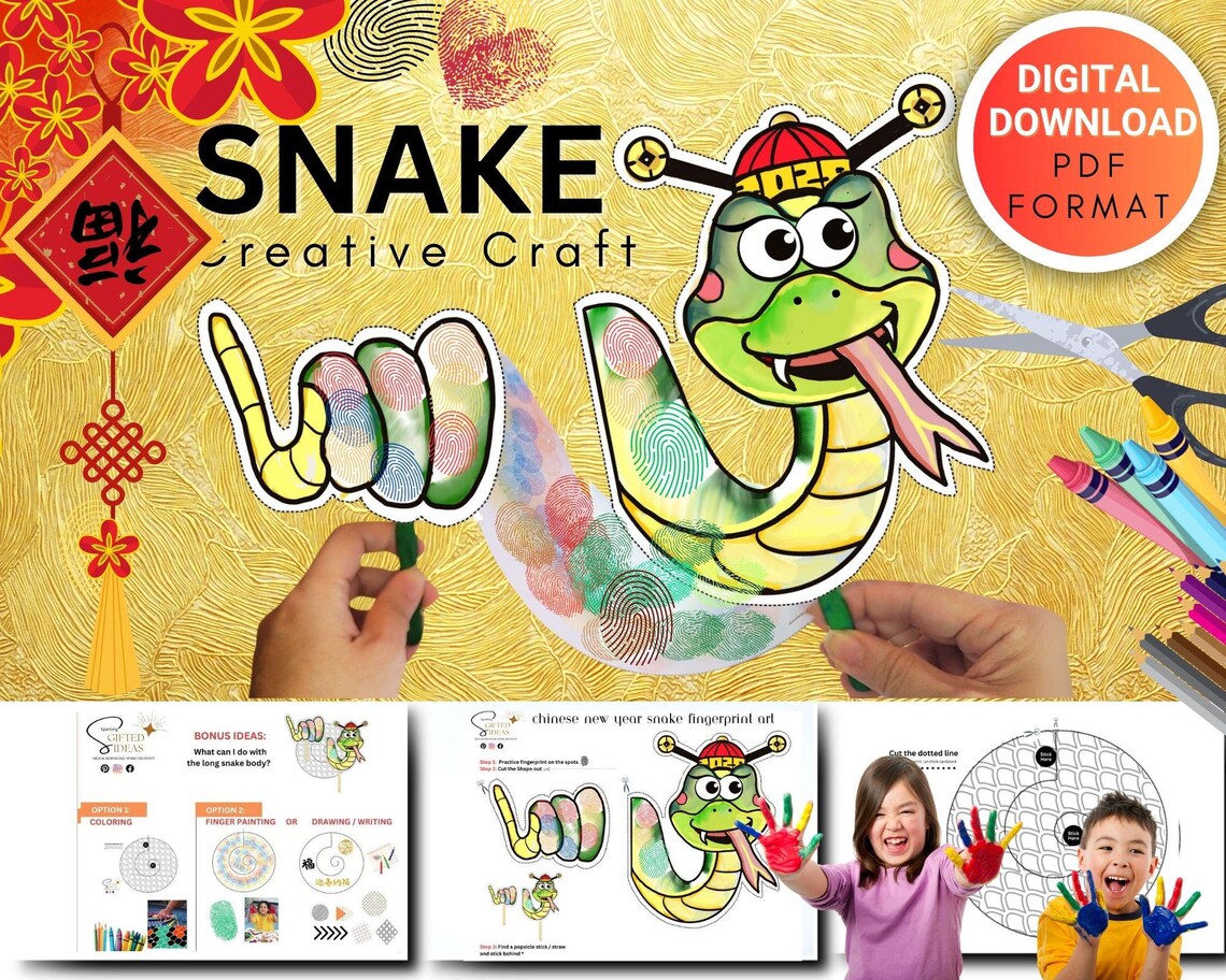 Lunar New Year 2025 Cute Snakes Craft Kit Printable With Fingerprint ...