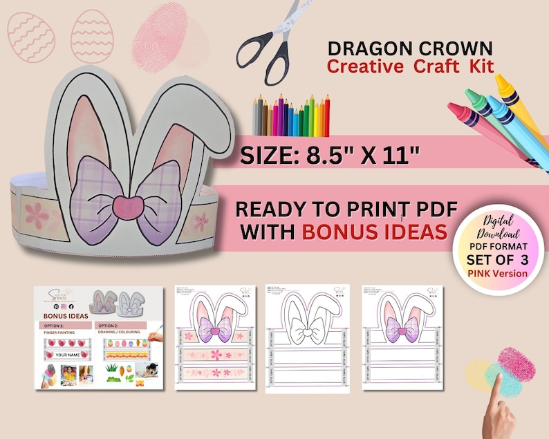 Creative Craft Kit Bunny Ear Bow Paper Crown Printable Coloring ...