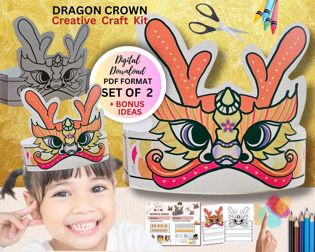 Fingerprint Art Paper Crown Dragon Printable Lunar New Year 2025 DIY ...