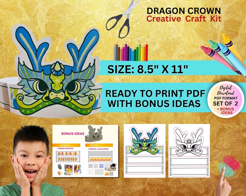 Paper Crown Dragon Colorings for Kids' Chinese New Year 2026 Instant ...