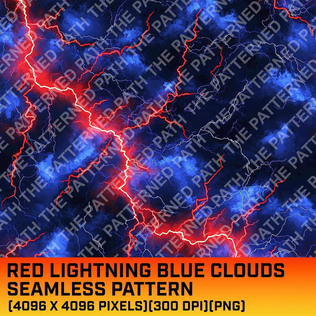 Red Lightning Bolt Seamless Digital Pattern, Blue Clouds Electricity ...