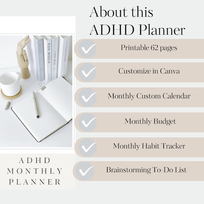 ADHD Monthly Planner, Printable Undated Calendar, Habit Tracker, Budget ...