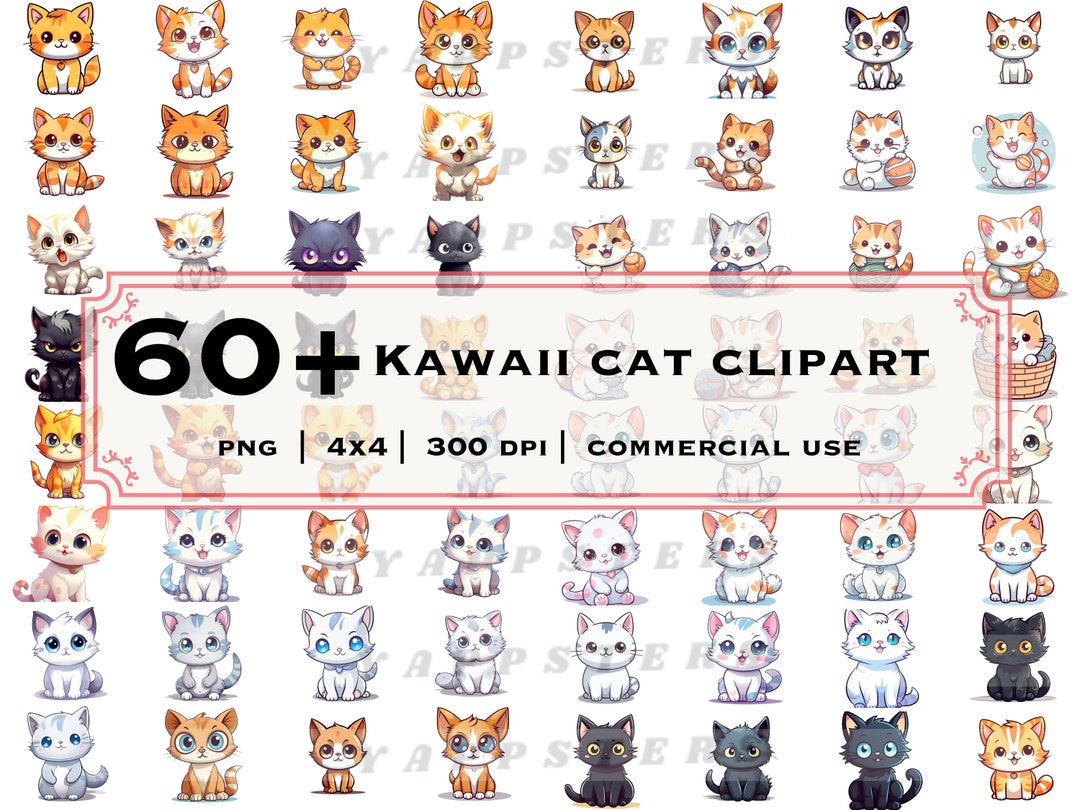 Kawaii Cat Clip Art - Pack of 60+ Cute Cat Clip Art in PNG Format for ...