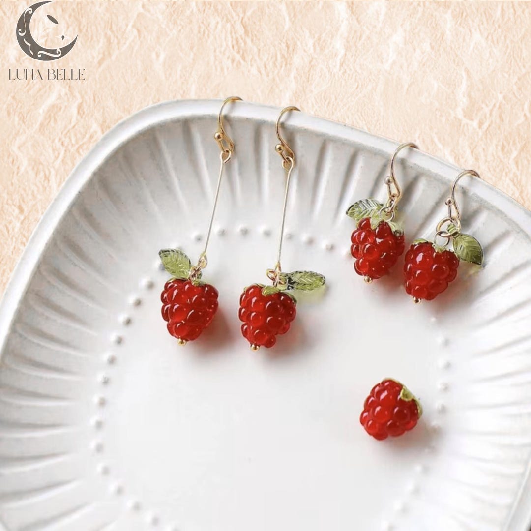 Raspberry Earrings, Glass Raspberry Drop Earrings, Food Earrings, Fruit ...