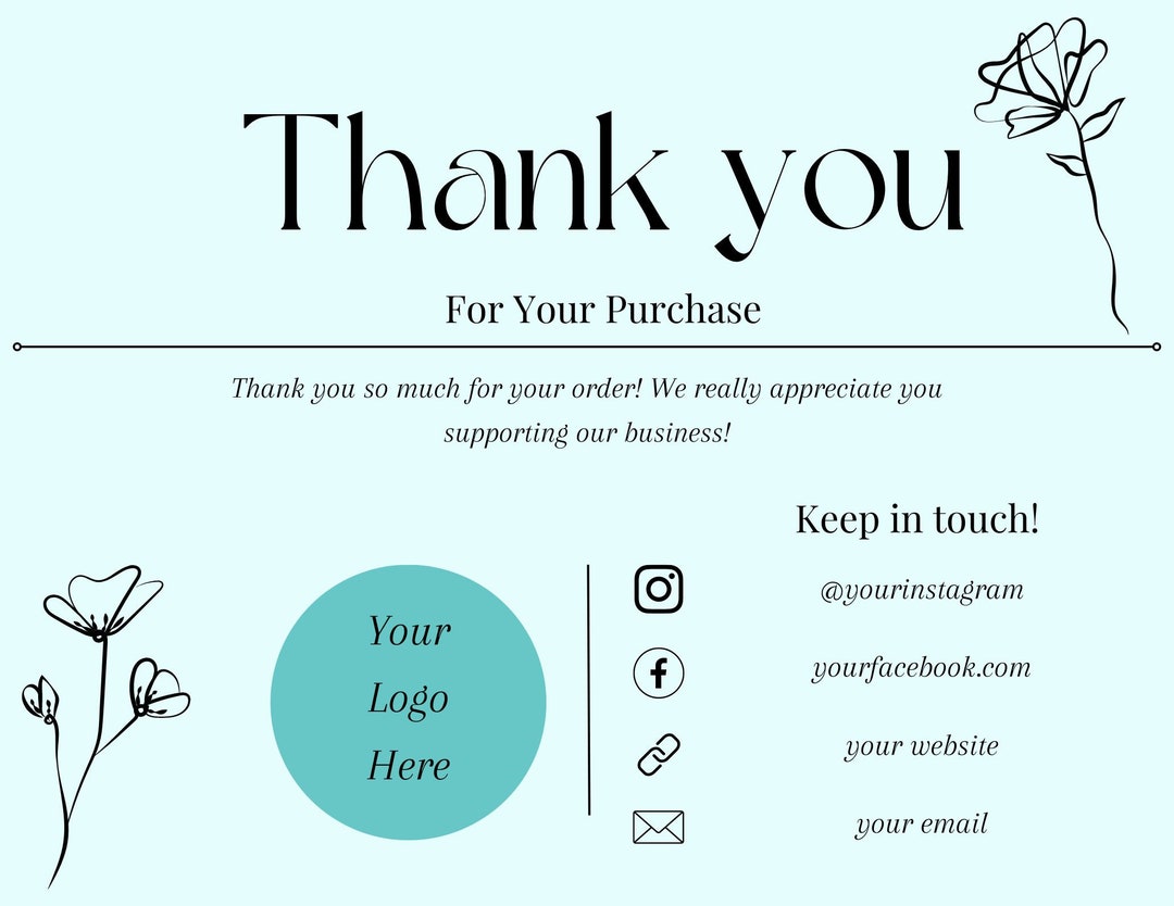 Editable "thank You for Your Purchase" Postcard, Instant Download ...