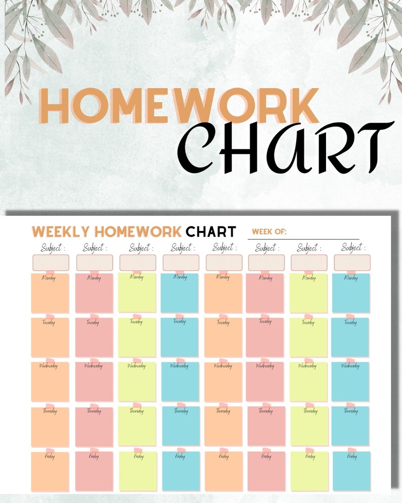 Homework Chart, Weekly Planner, Printable, Downloadable, for Kids, A4 ...