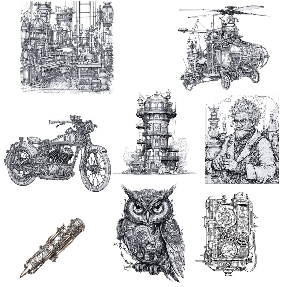 Steampunk Line Art Clipart Mega Pack | for Junk Journal, Scrapbooking ...