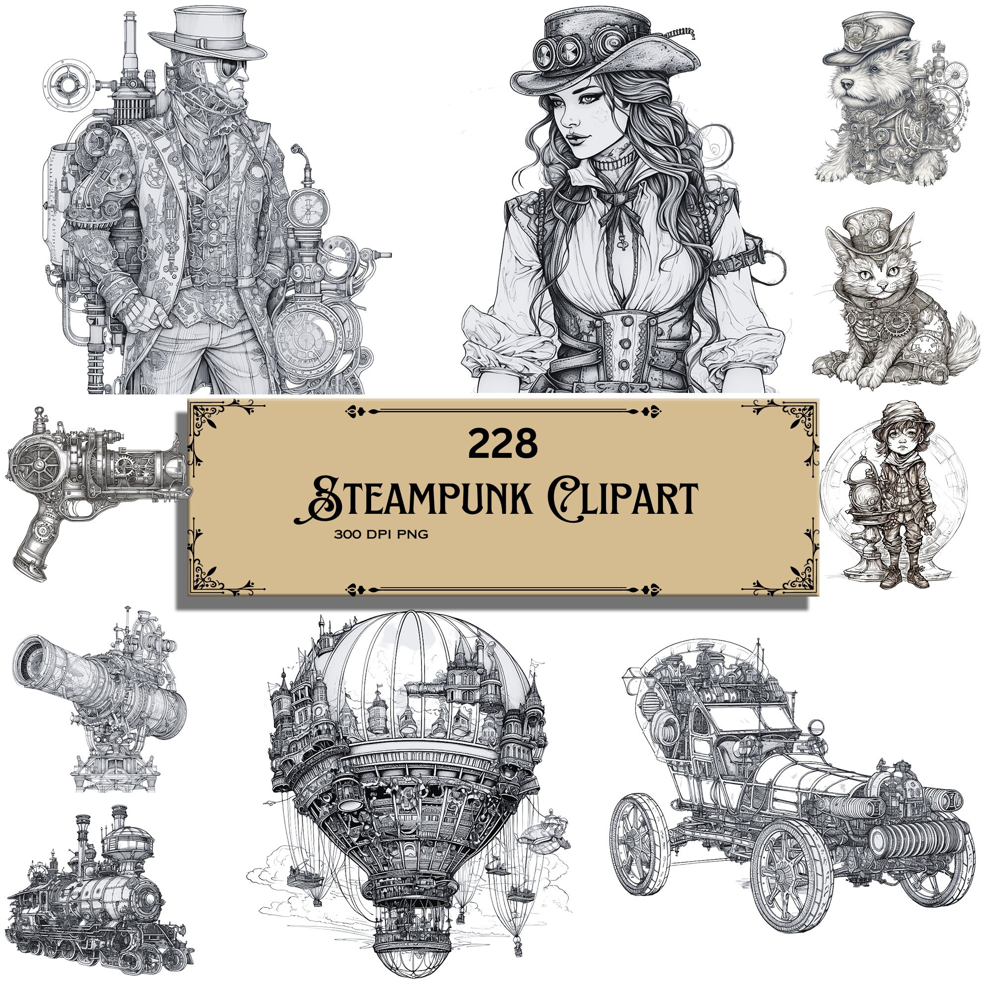 Steampunk Line Art Clipart Mega Pack | for Junk Journal, Scrapbooking ...