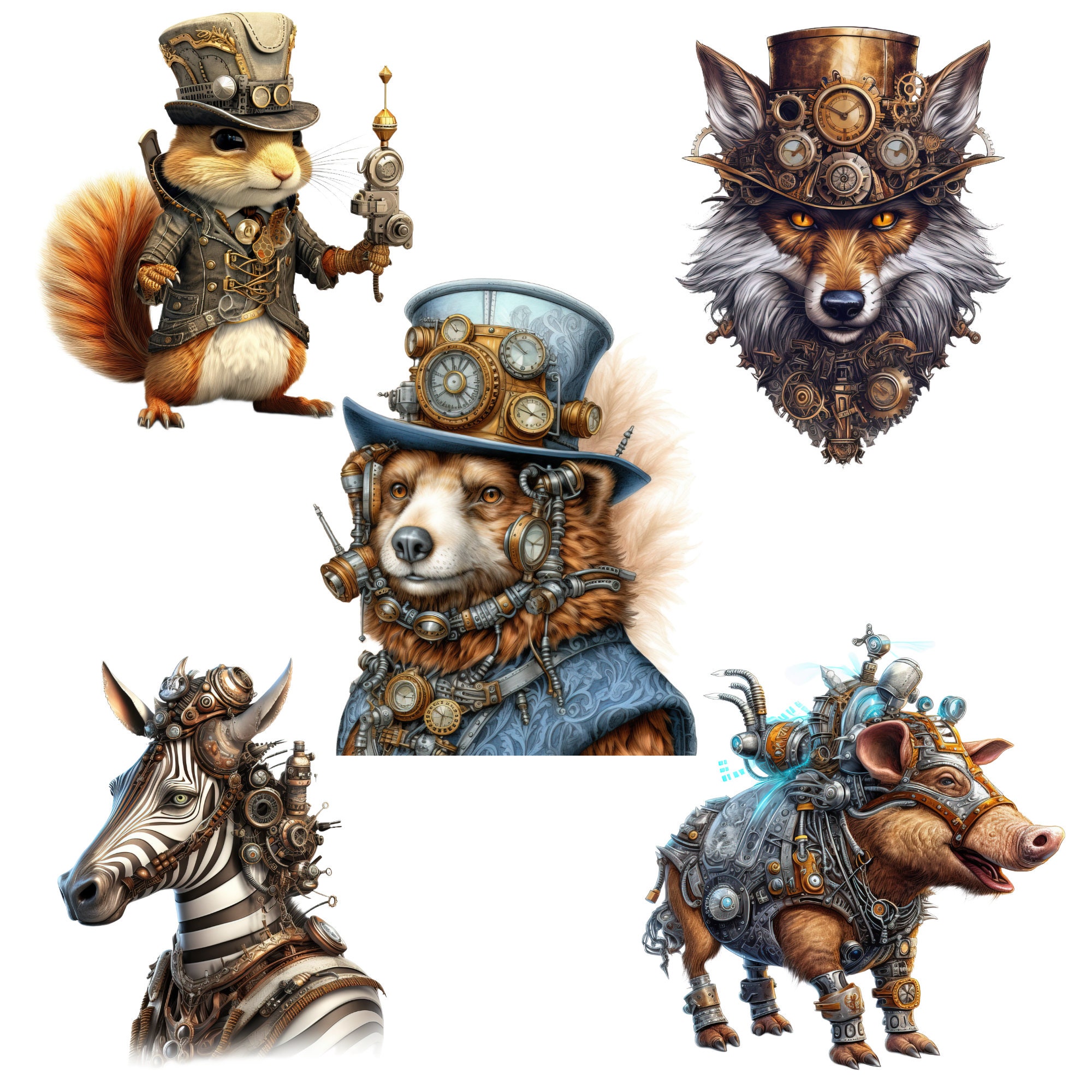 Steampunk Animals Clipart Mega Bundle Transparent Background Printable ...