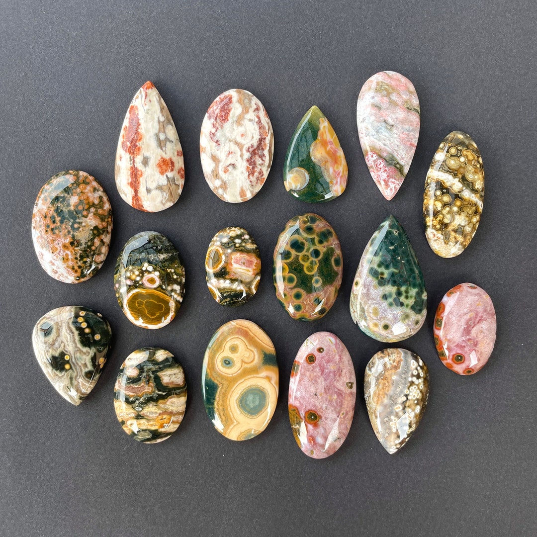 1pc Ocean Jasper Flat Back Cabochon Smooth Orbicular Jasper Green Pink ...