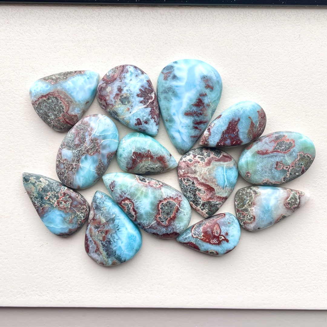 1x Red Moss Larimar Flatback Cabochon - Oval Pear Blue Hematite Natural ...